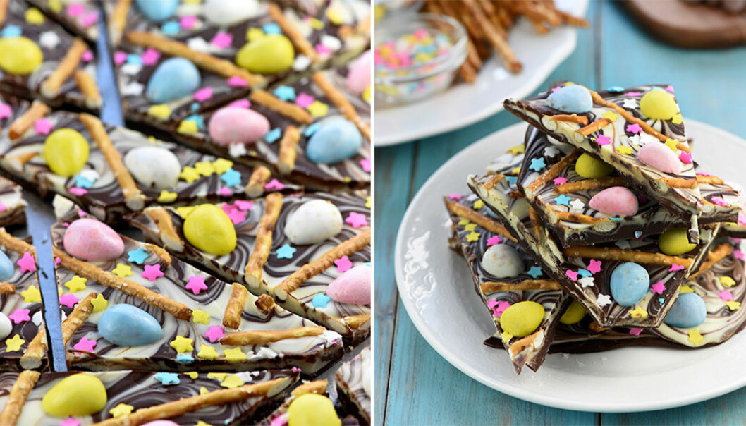 Påskdessert – chokladbräck med påskägg och salta pinnar | ELLE